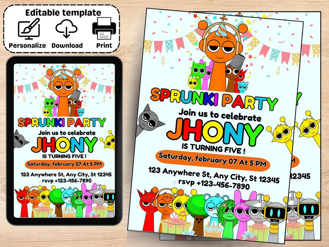 Invitación a fiesta de cumpleaños Sprunki, plantilla de invitación a ...