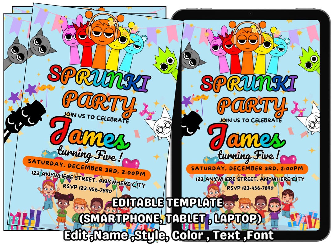 Sprunki Birthday Party Invitation Editable Template, Sprunki Invitation ...