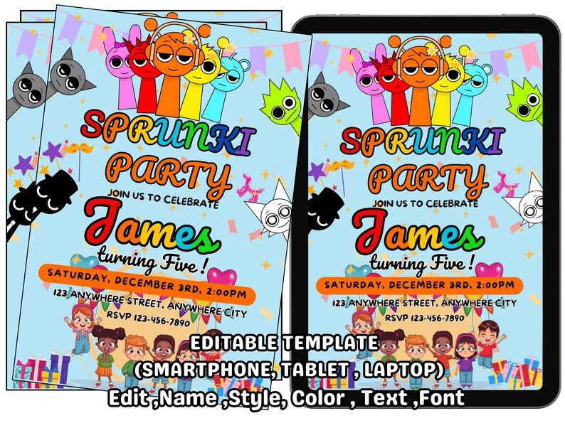 Sprunki Birthday Party Invitation Editable Template, Sprunki Invitation ...