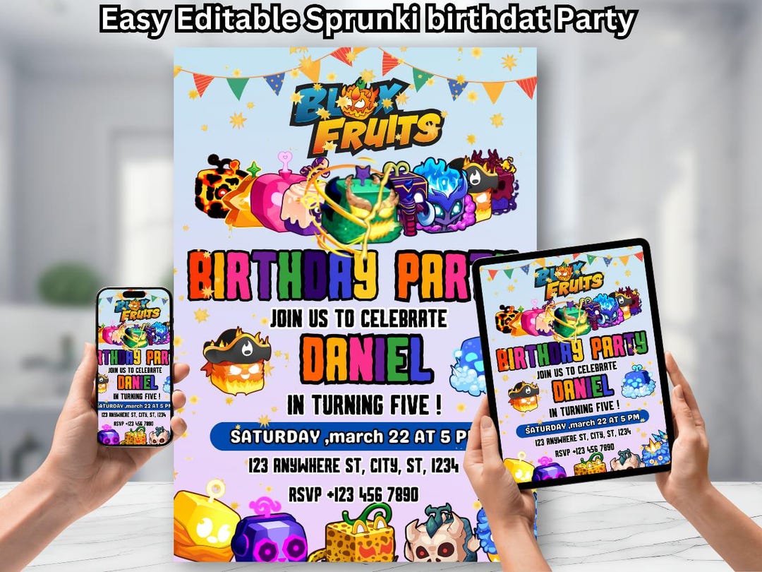 Blox Fruit Birthday Party Invitation, Editable Sprunki Party Template ...