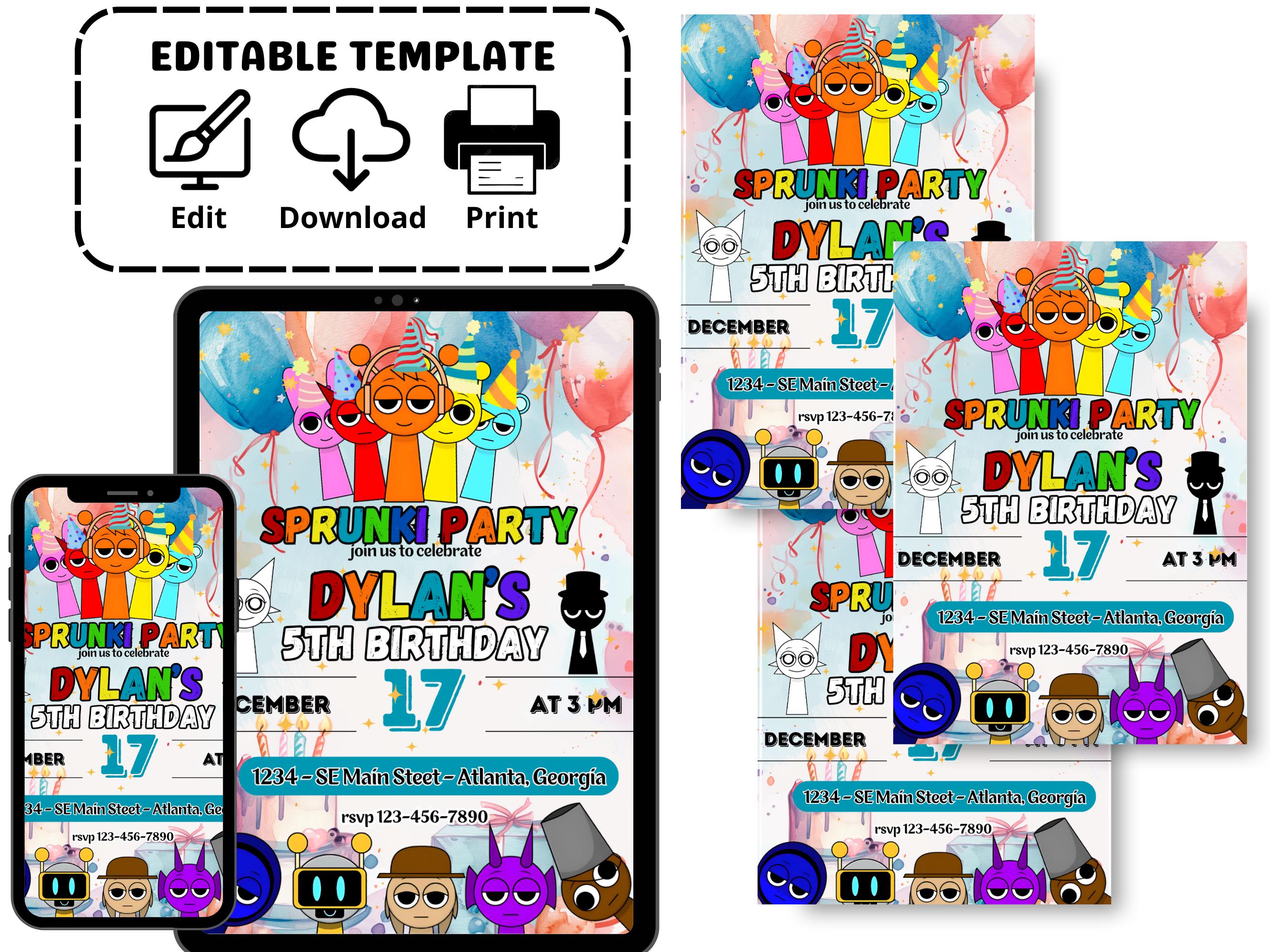 Sprunki Birthday Party Invitation Editable Template for Kids | Sprunki ...