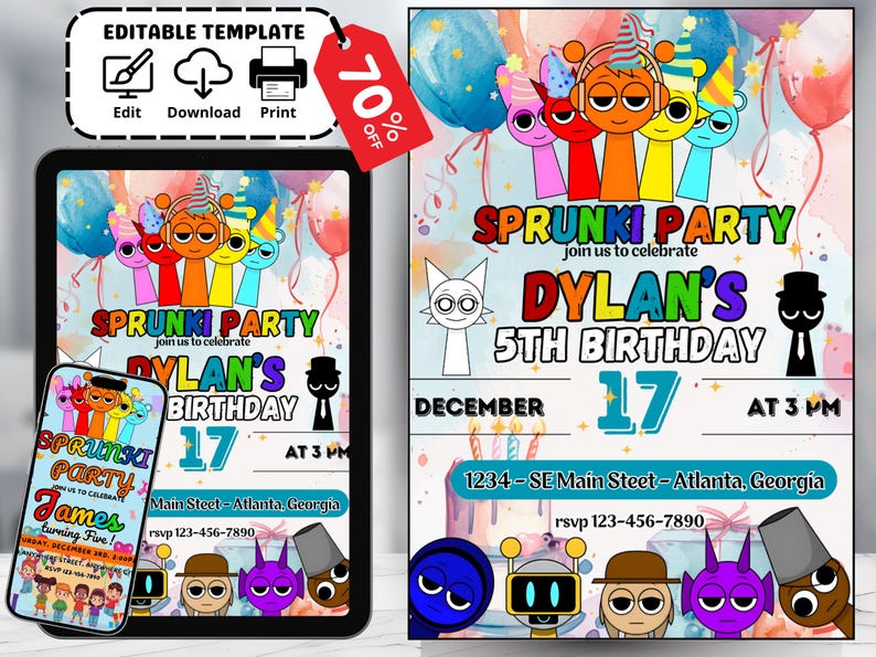 Sprunki Birthday Party Invitation Editable Template for Kids | Sprunki ...