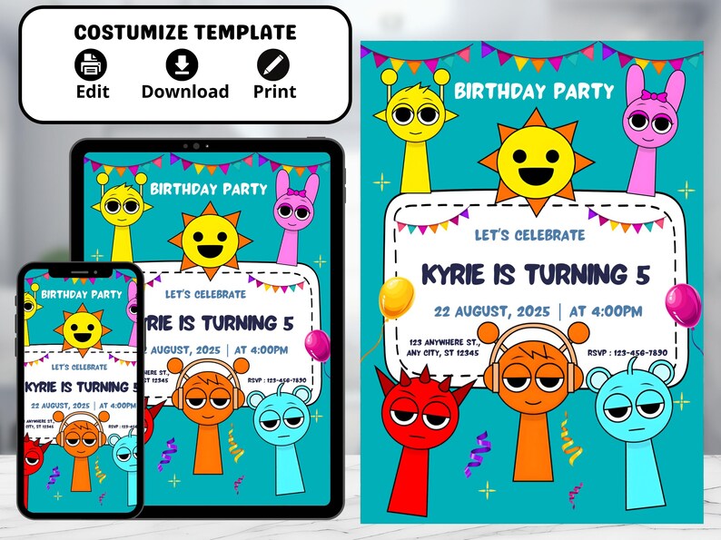 Sprunki Birthday Party Invitation | Sprunki Editable Template for Kids ...