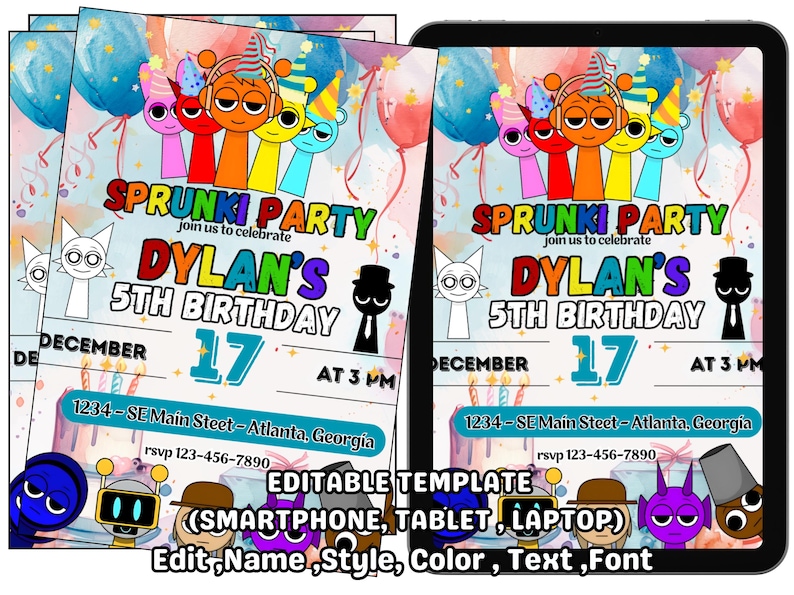 Sprunki Birthday Party Invitation Editable Template for Kids | Sprunki ...