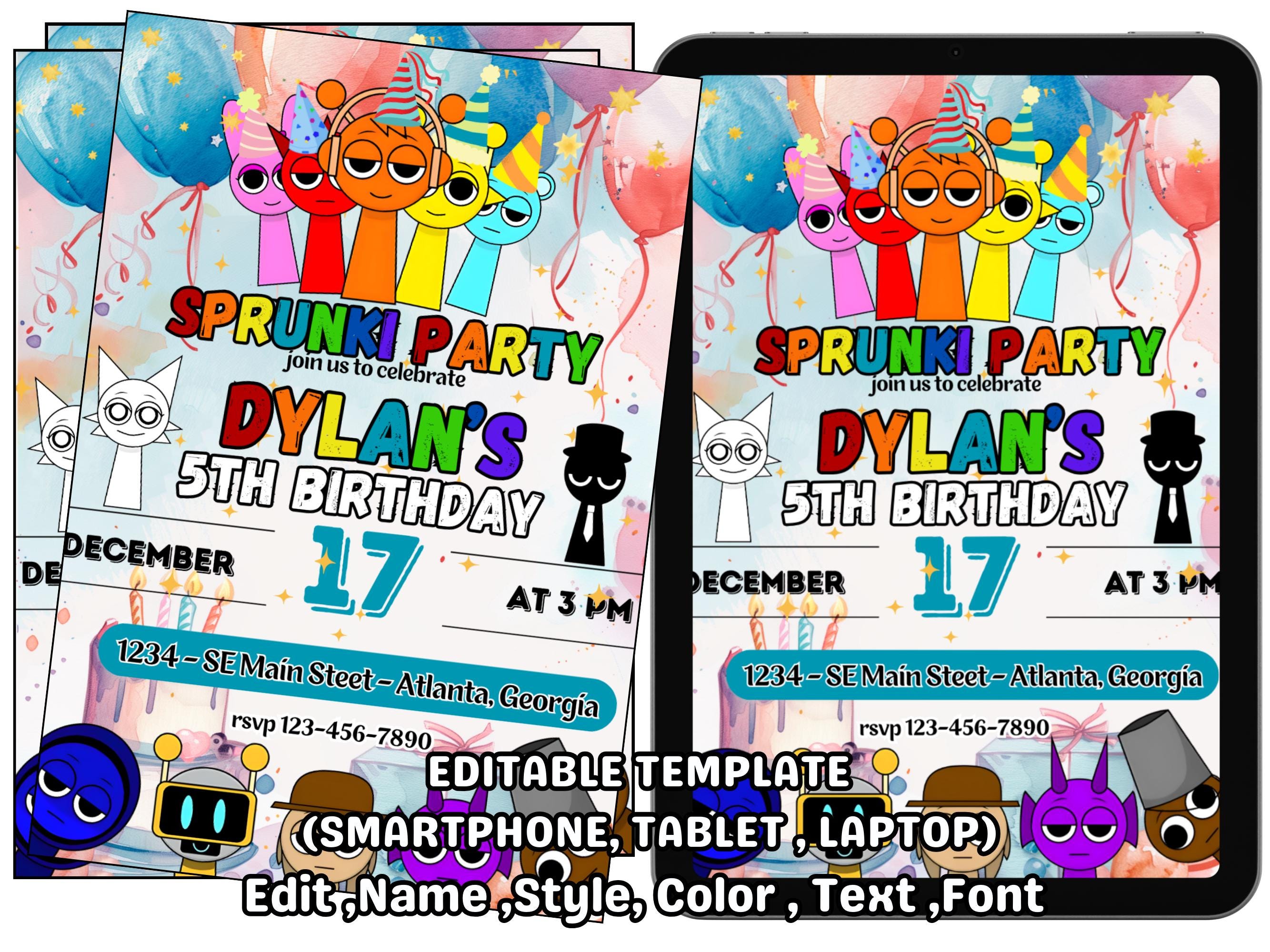 Sprunki Birthday Party Invitation Editable Template for Kids | Sprunki ...