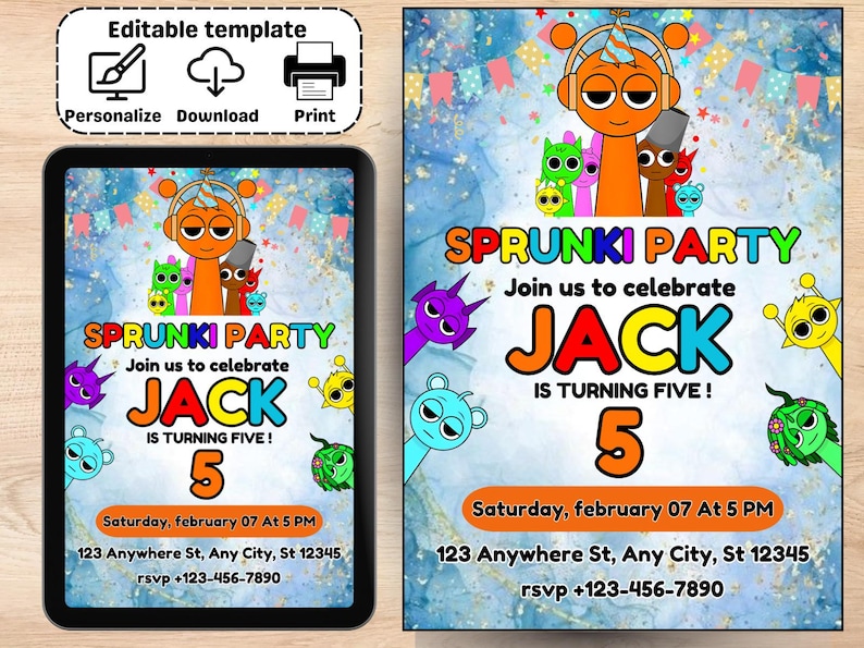 Sprunki Birthday Party Invitation Template | Boy or Girl Who Loves ...