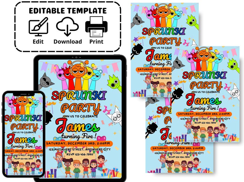 Sprunki Birthday Party Invitation Editable Template, Sprunki Invitation ...