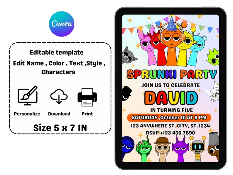 Plantilla de invitación para fiesta Sprunki | Plantilla editable para ...