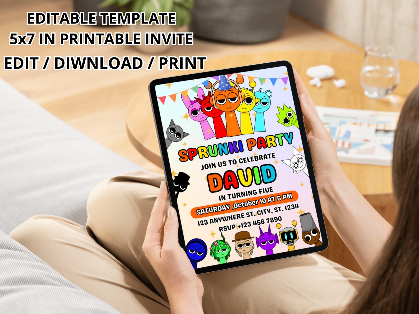 Plantilla de invitación para fiesta Sprunki | Plantilla editable para ...