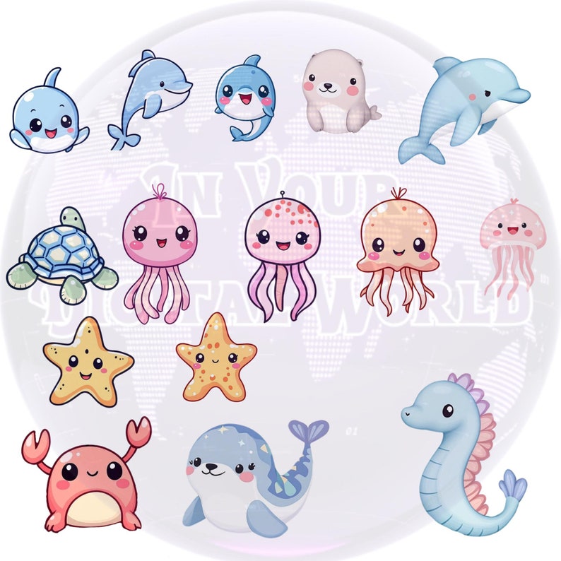 Cute Kawaii Sea Animals Clipart, Digital Ocean Creatures, Adorable ...