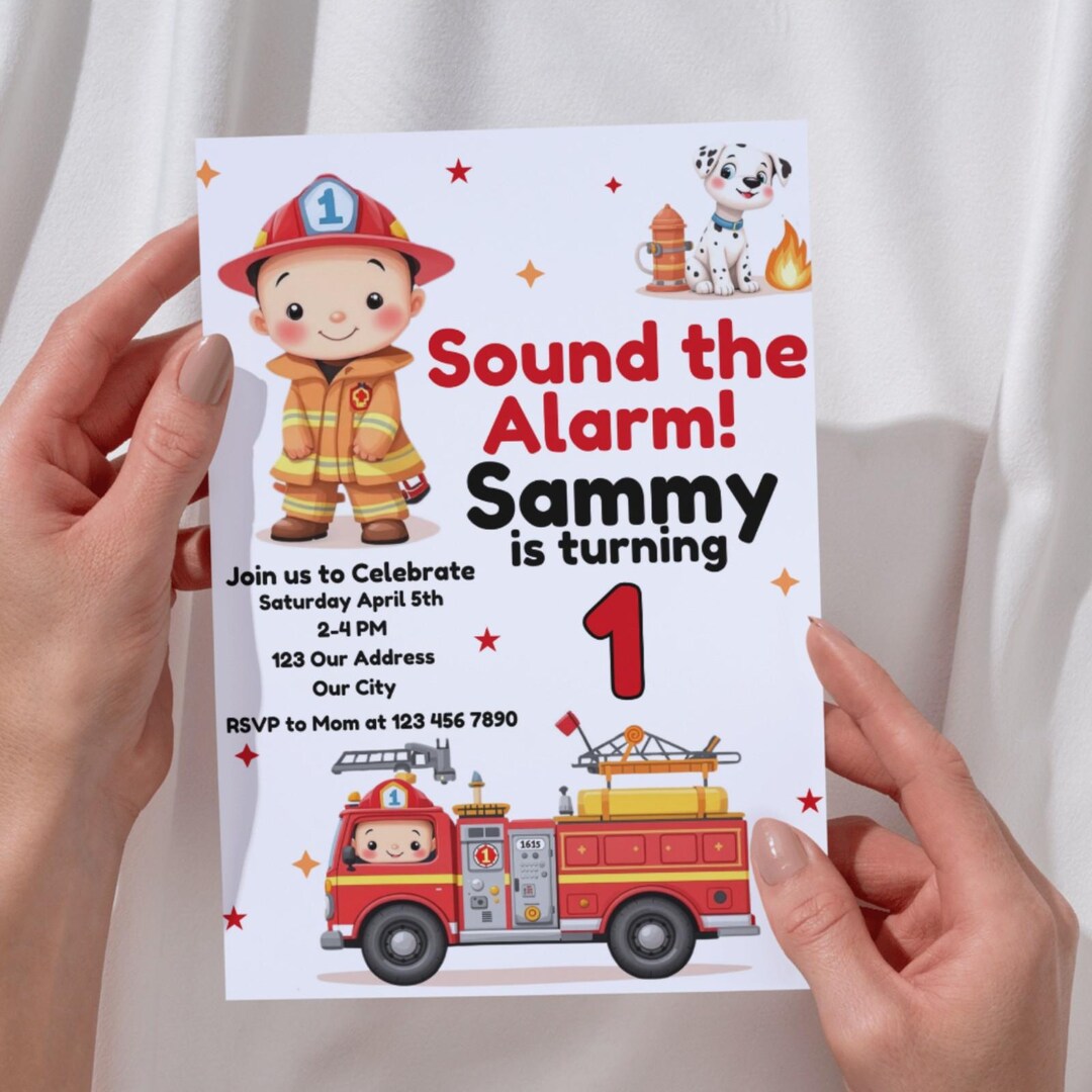 Firefighter Birthday Invitation, Firetruck Party Invite, Fireman Theme ...