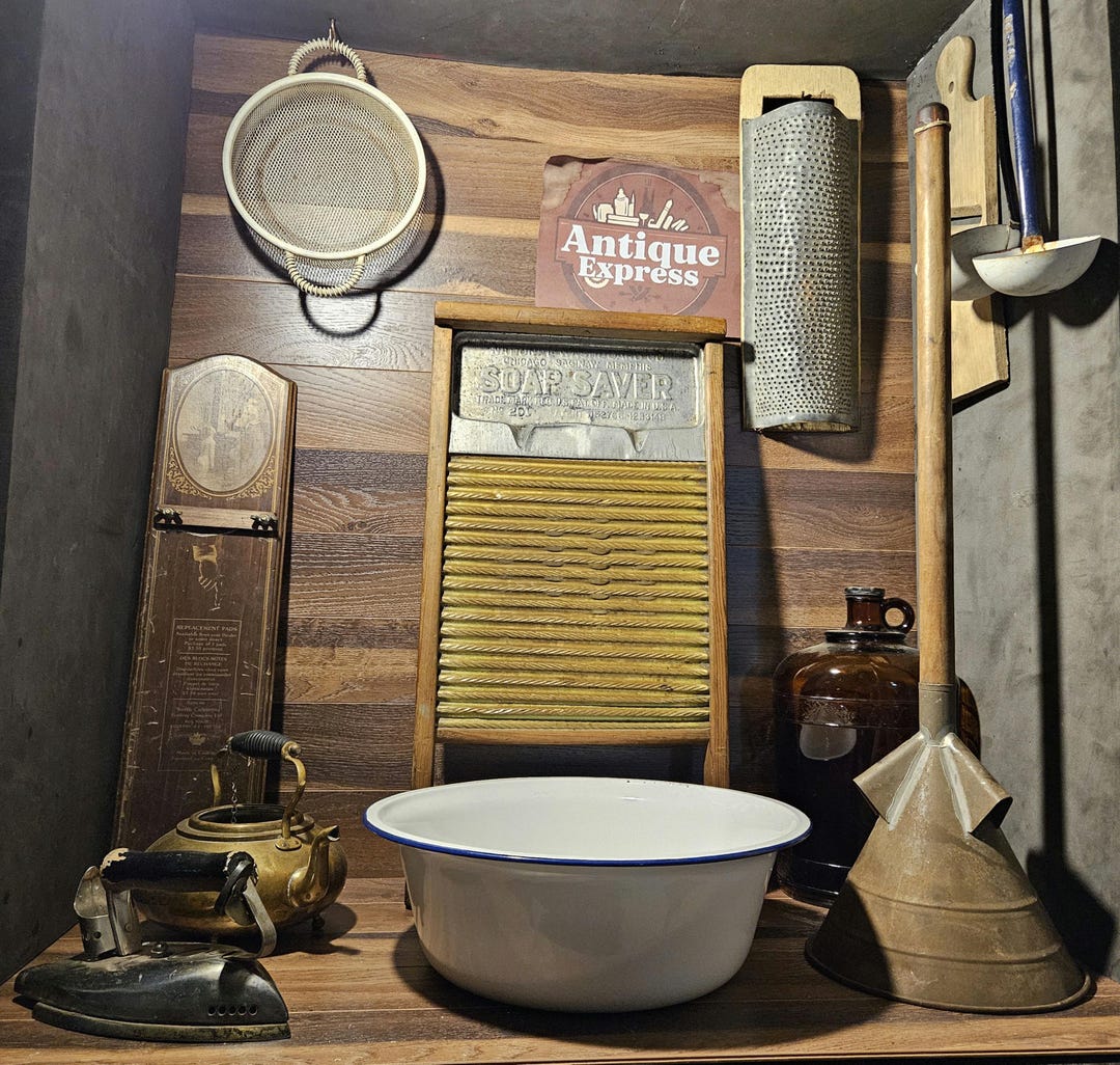 Antique Laundry Collection Washboard, Enamelware, Cast Iron, Vintage ...