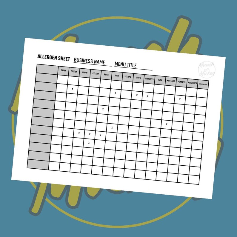 Printable Kitchen Allergen Sheet Perfect for Independent Chefs & Small ...