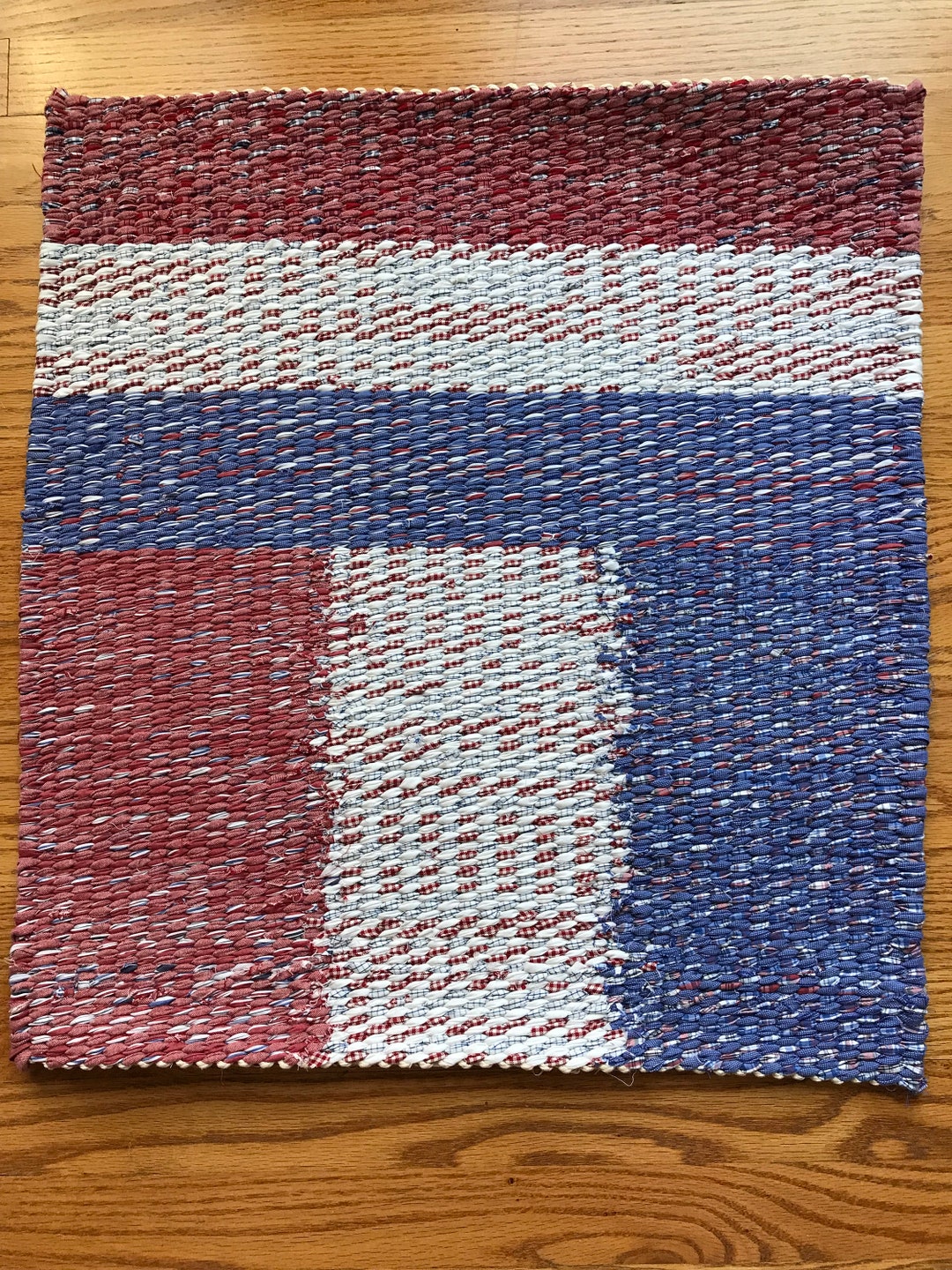 Square Rag Rug, Hand Twined Woven Rug, Upcycled Recycled Fabric Rug ...