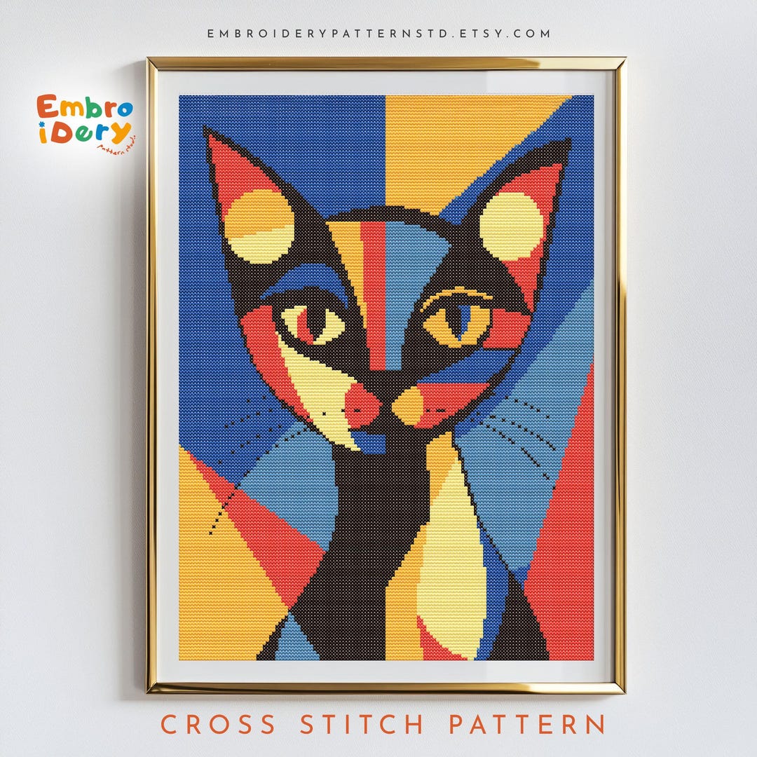Abstract Cat Cross Stitch Pattern - Modern Geometric Wall Art - Colorful Embroidery Design PDF ...
