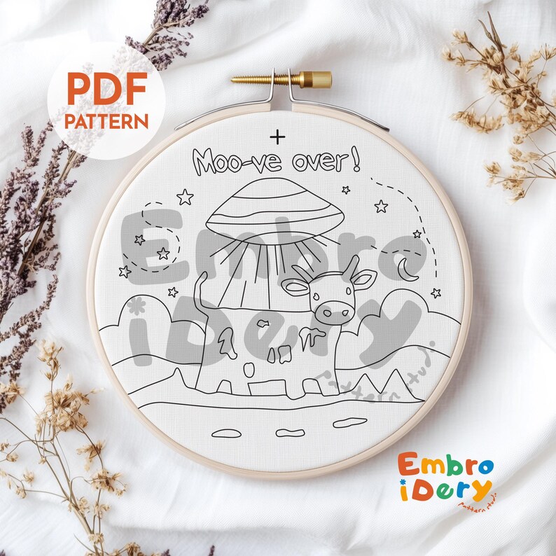Funny UFO Cow Hand Embroidery Pattern PDF - Beginner Friendly Stitch Template - DIY Modern ...