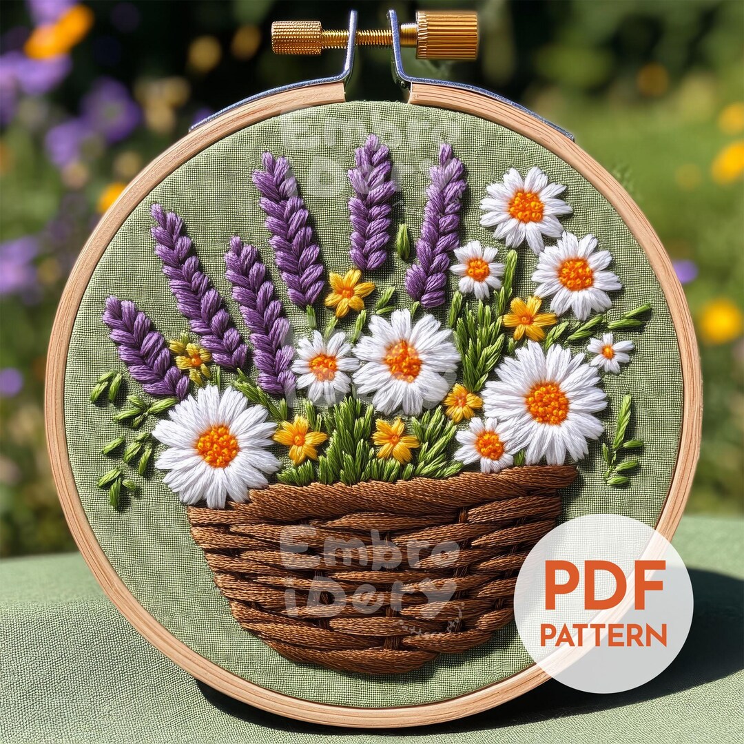 Wildflower Hand Embroidery Pattern - Lavender, Daisy & Basket Design ...