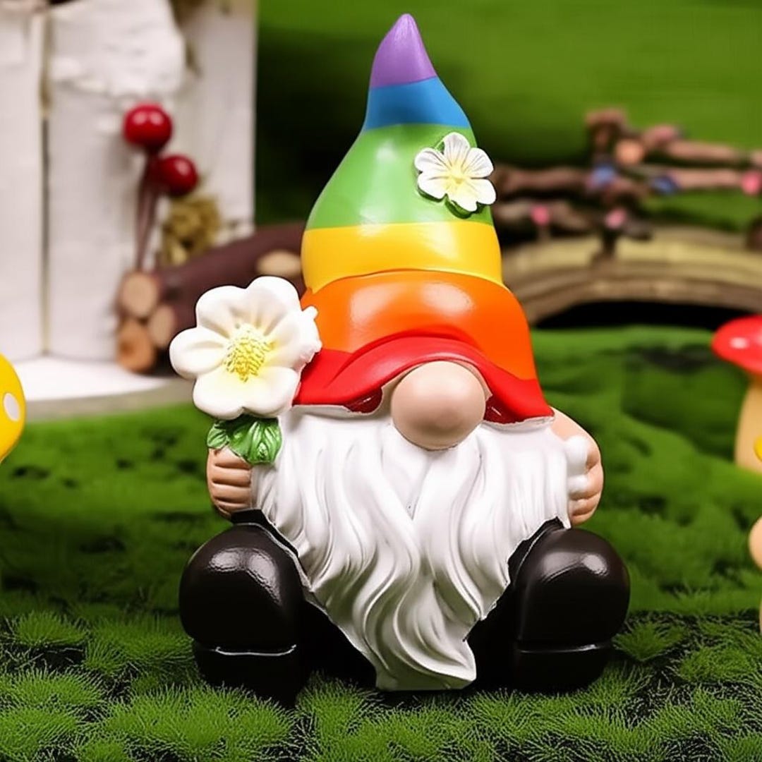 Rainbow Garden Gnome Figurine | Cute Resin Miniature Fairy Garden ...