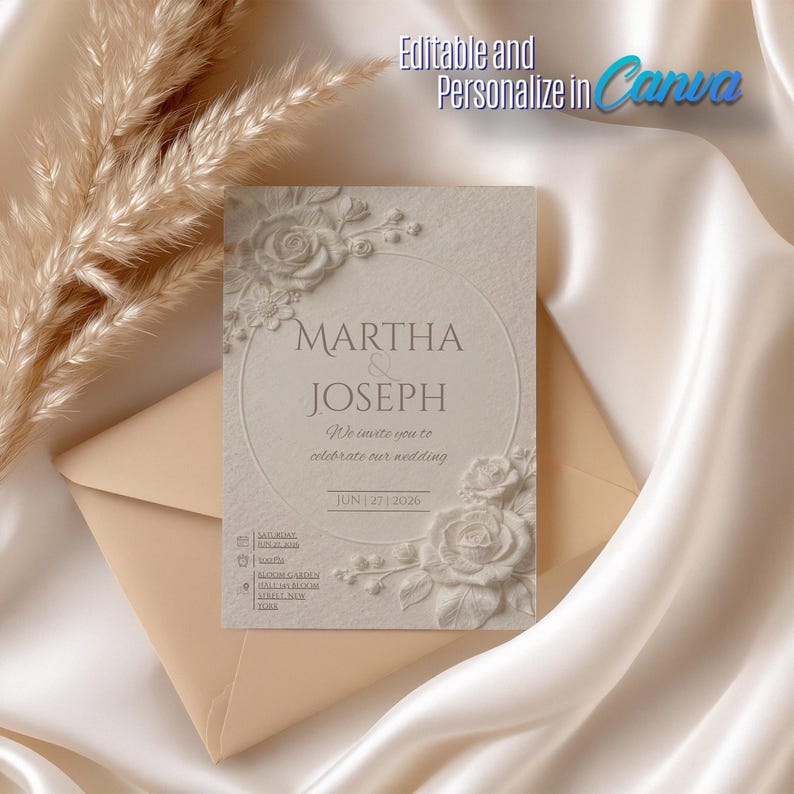 Ivory Rose Relief Wedding Invitation, Editable Canva Template (digital ...