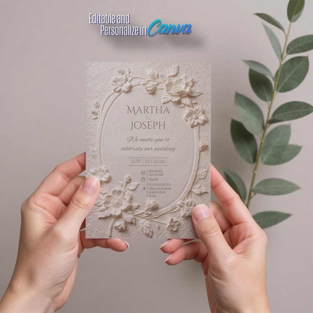Floral Relief Wedding Invitation, Ivory Oval Frame, Canva Template ...