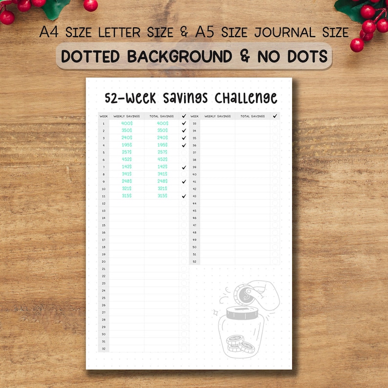 52 Week Challenge Tracker: Printable Savings & Weight Loss Journal ...