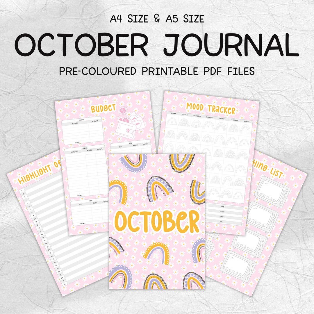 October Printable Journal A4 A5 | Pink Rainbow Theme Monthly Planner ...