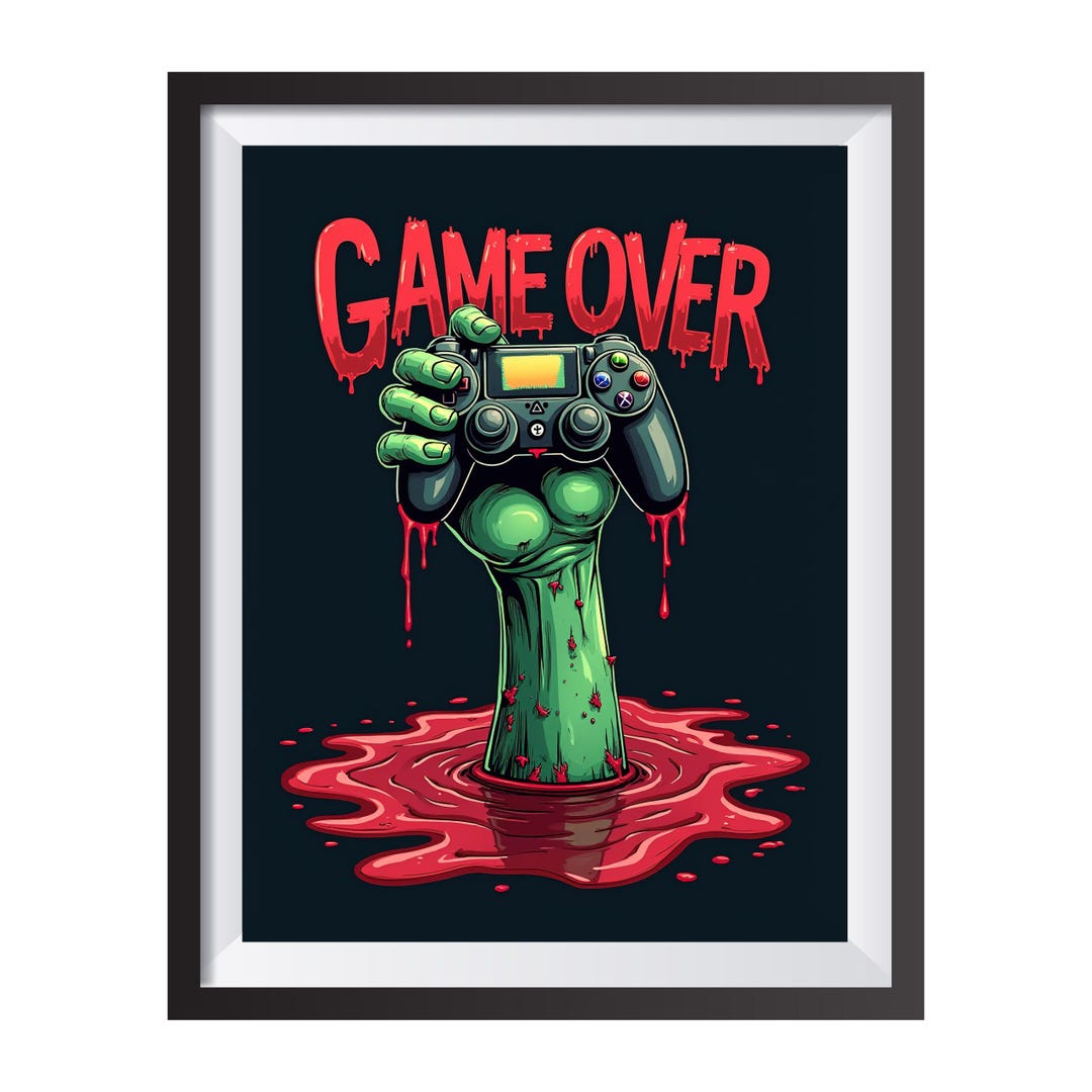 Game Over Zombie Hand A4 Print – Horror Gaming Art, Undead Gamer Poster ...