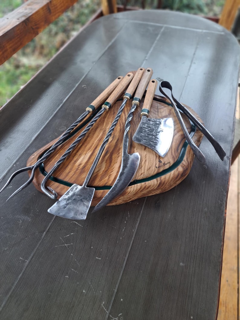Handcrafted Wooden BBQ and Grill Set: Forged Outdoor Cooking Tools With ...