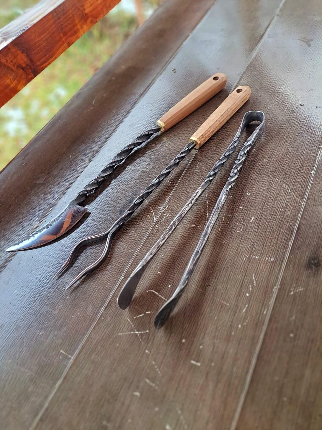 Hand Forged BBQ Grill Set/ Fork/ Knife/ Tong/ Gift for BBQ Party Lovers ...