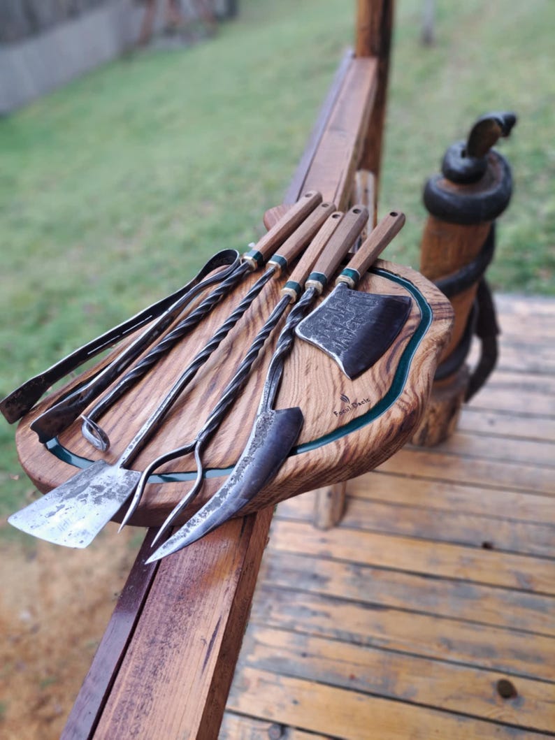Handcrafted Wooden BBQ and Grill Set: Forged Outdoor Cooking Tools With ...