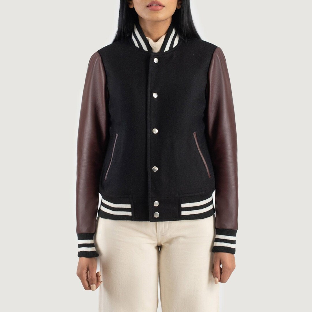 Women’s Real Varsity Jacket – Black & Maroon Leather Sleeves | Premium ...