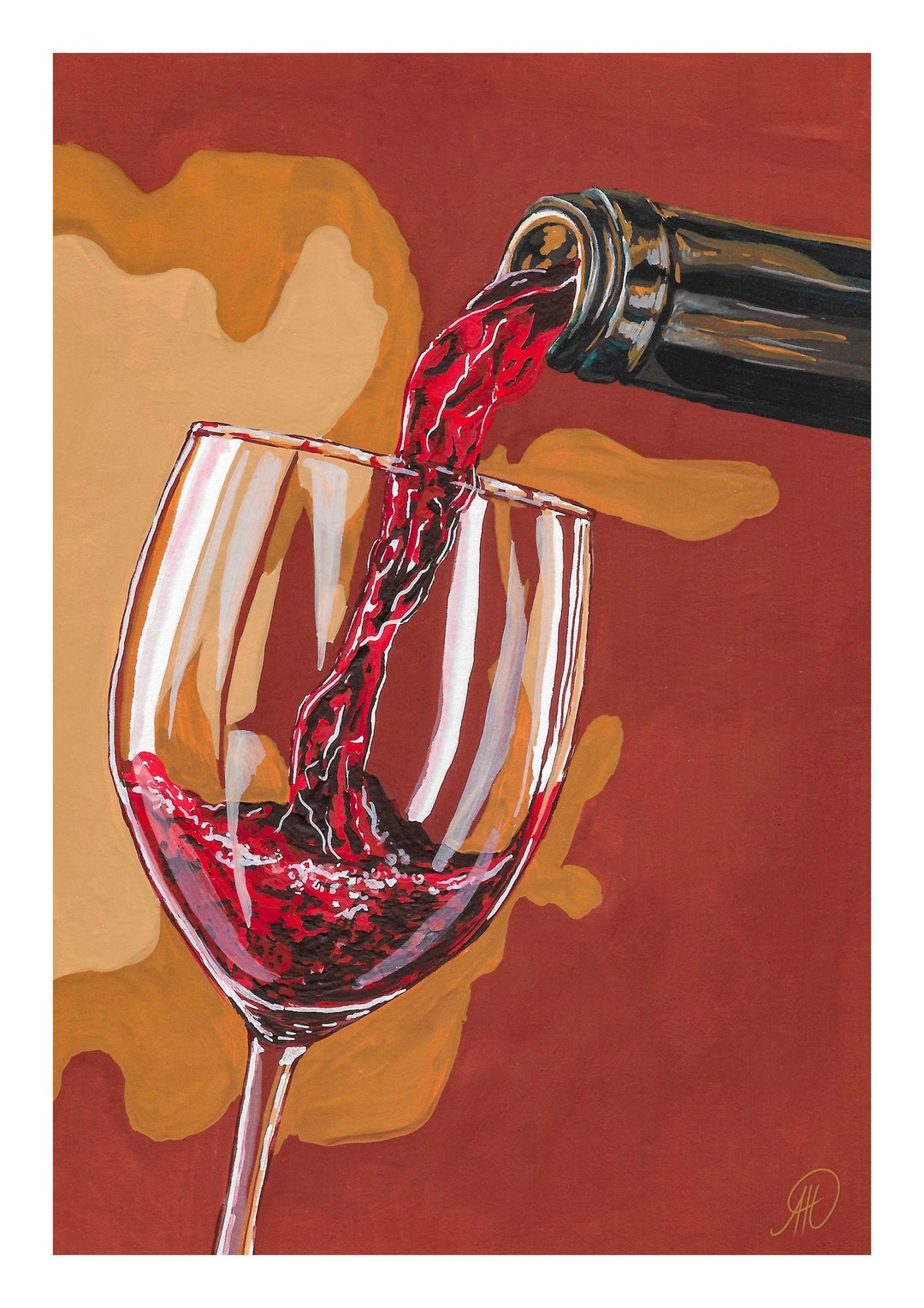 Red Wine Pouring Pop Art Painting Print - Original Gouache Wall Art ...