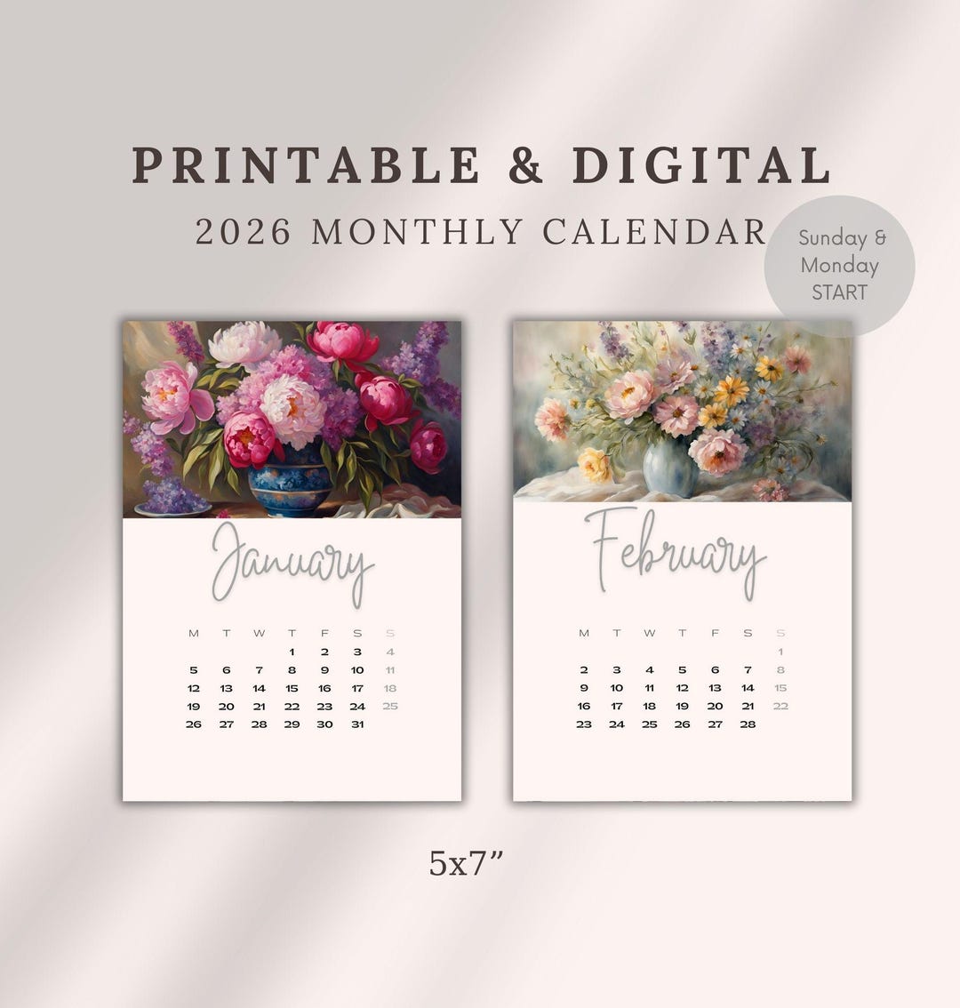 2026 Floral Calendar Printable, Vintage Botanical Art, 5x7 (PDF) - Etsy
