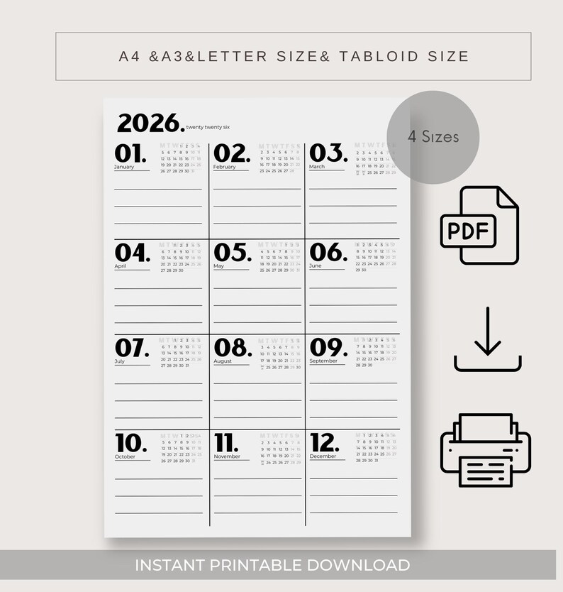 2026 Yearly Calendar 2026 Yearly Planner , Year at A Glance Vertical ...