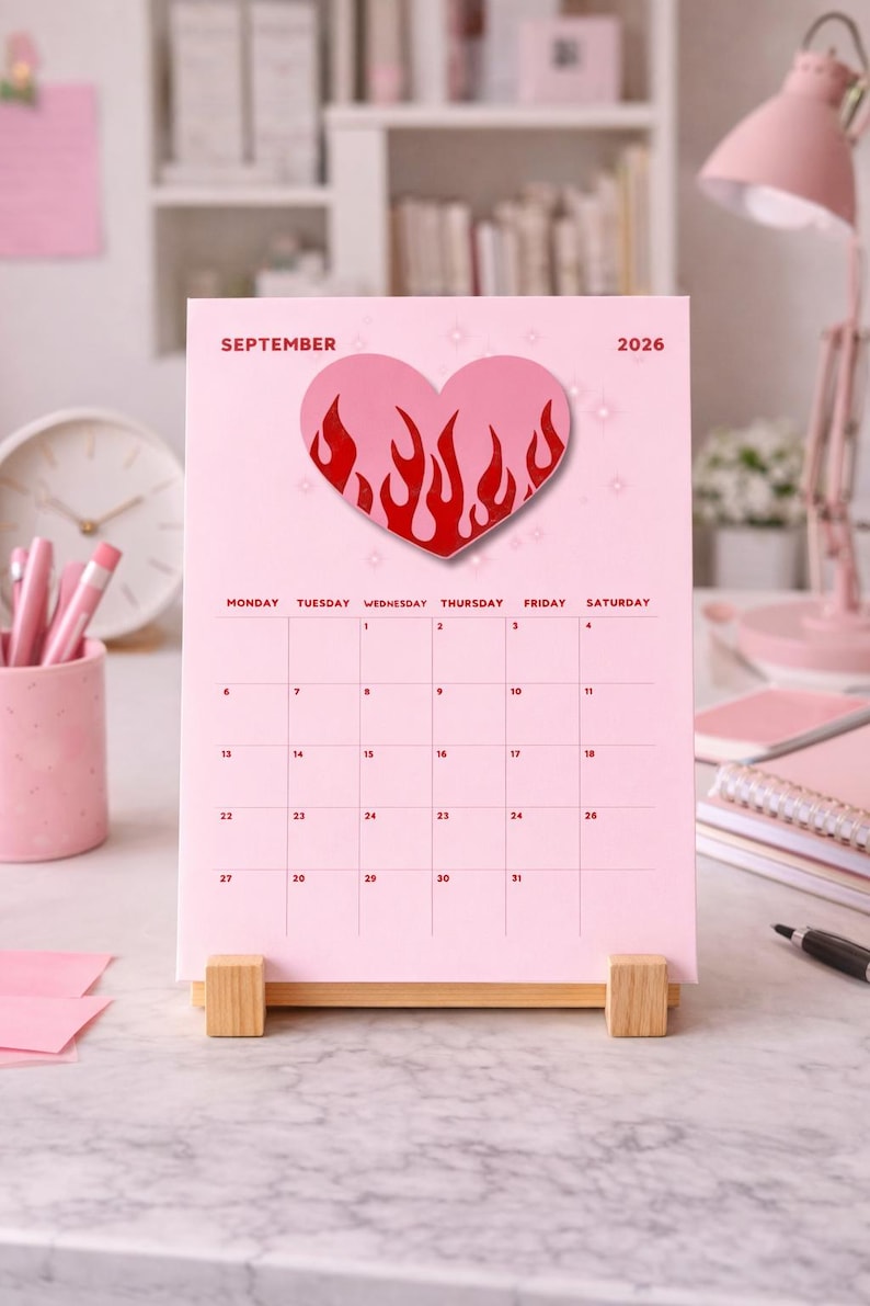 2026 Calendar, Preppy Cute Pink Heart Calendar Printable | Monday Start ...