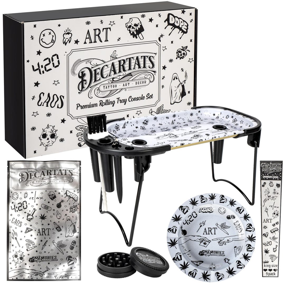 Premium Rolling Tray Console Set- Foldable Stand, Cone Loader for King Size& 1 1/4 Cones,9 Pre ...