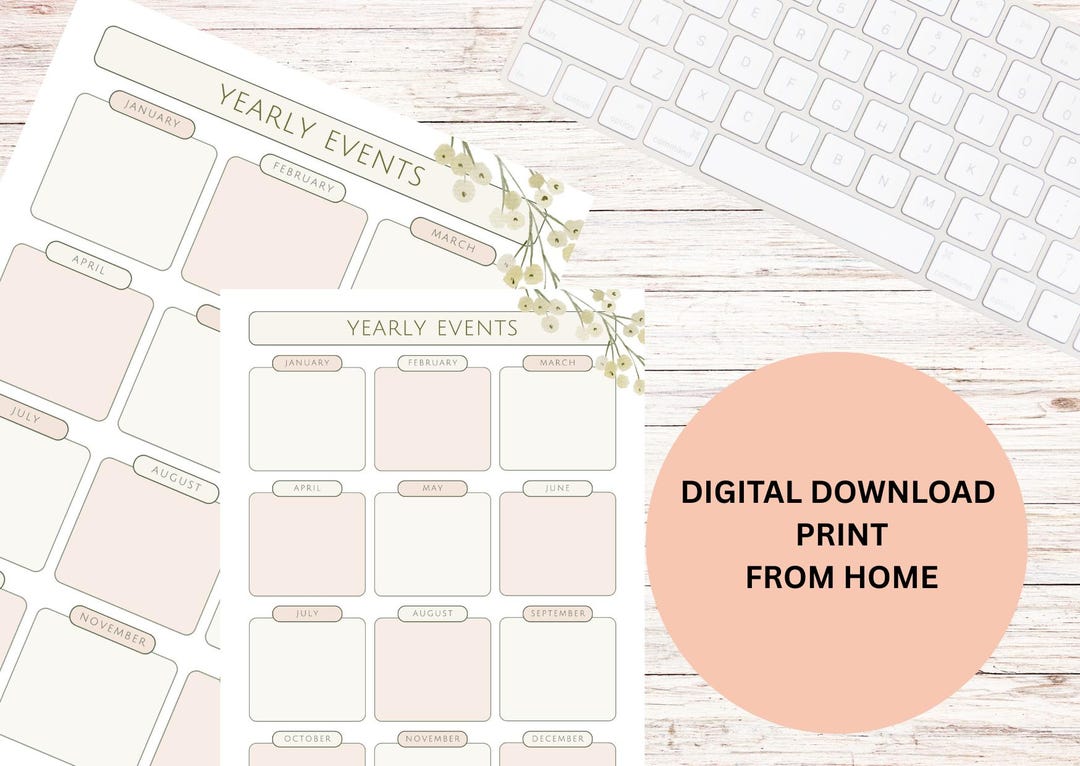 Printable Yearly Events Page I Digital Download, Monthly Yearly ...