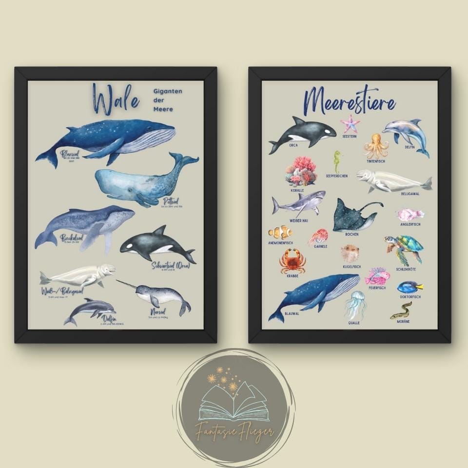Poster Whales and Sea Animals Set Montessori Learning Poster Ocean ...