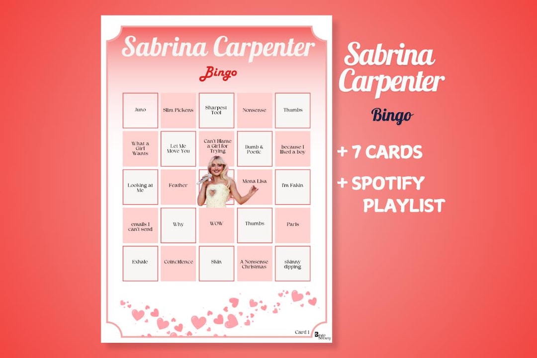 Sabrina Carpenter Bingo Game - 7 Printable Music Bingo Cards With ...