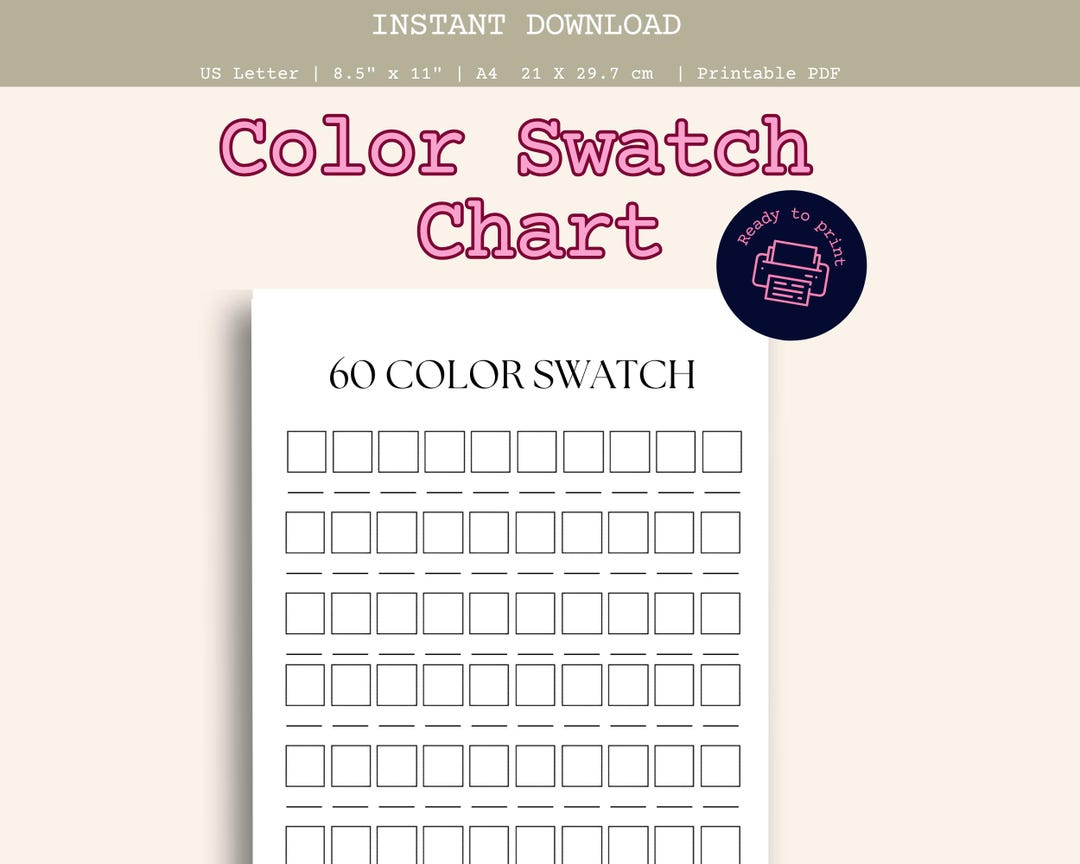 60 Color Swatch Chart Printable Marker Swatch Sheet A4 US Letter Color ...