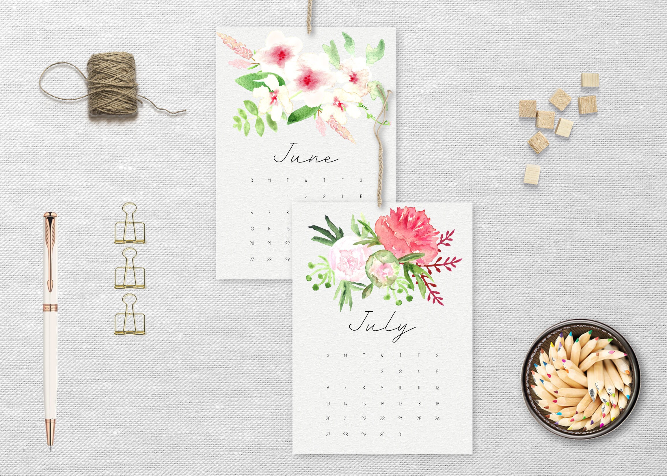 12 Month Floral Calendar, Print at Home, Printable Calendar, Digital ...