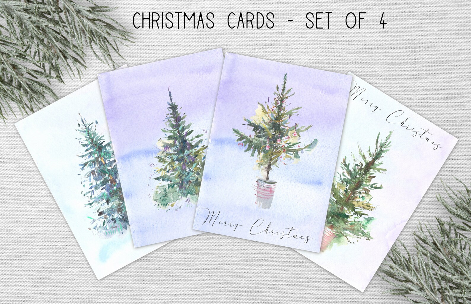 Set of 4 Watercolor Christmas Tree Cards - Printable - Etsy