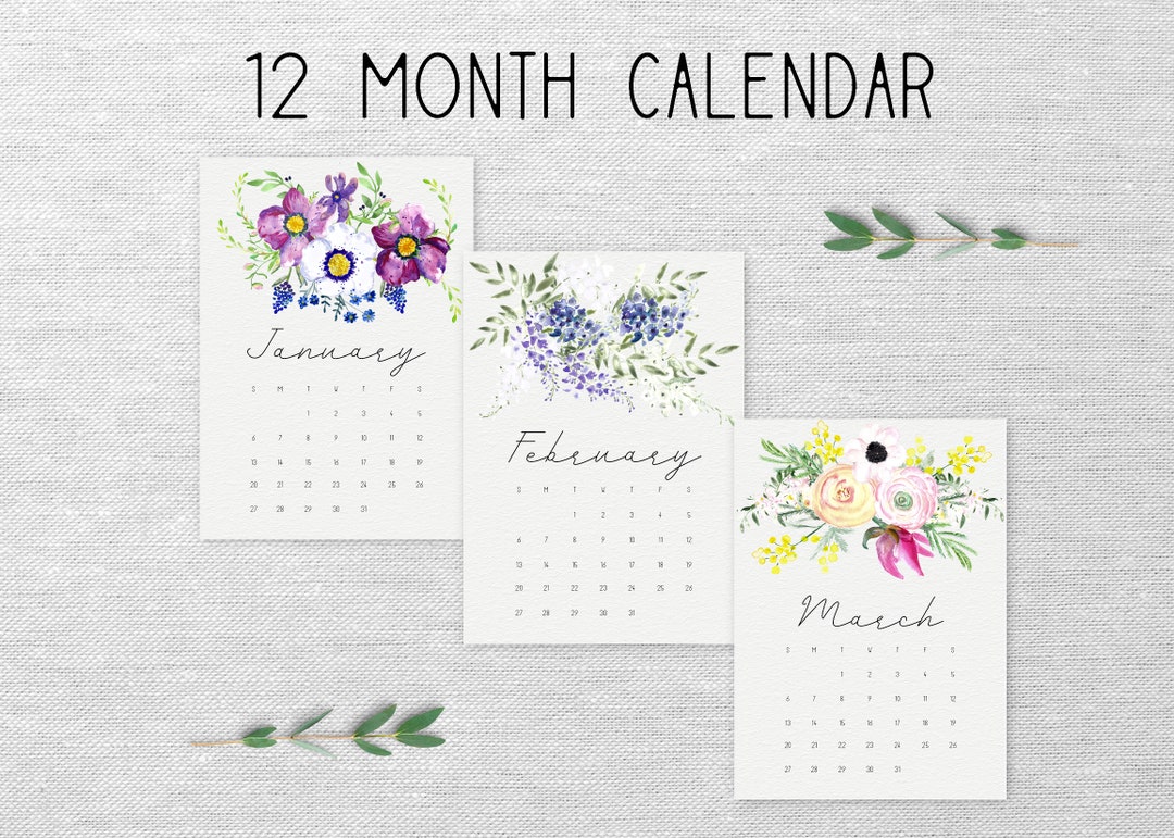 12 Month Floral Calendar, Print at Home, Printable Calendar, Digital ...