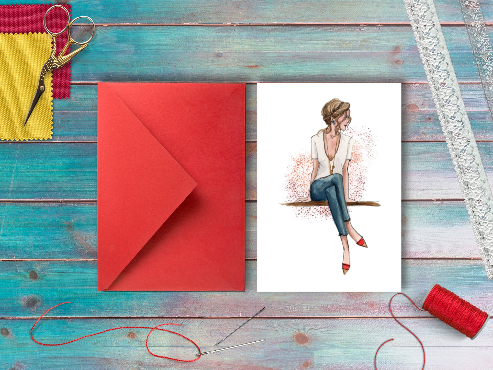 Digital Fashion Illustration Card, Printable Blank Card, Print at Home ...