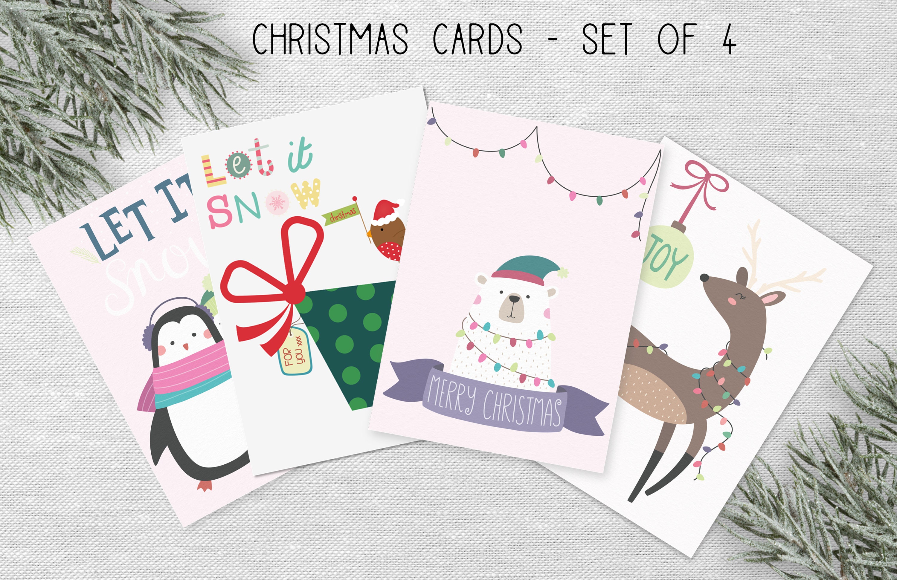 Set of 4 Fun Winter Animal Christmas Tree Cards - Printable - Download ...