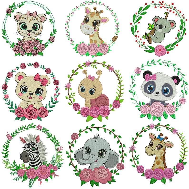 Animals in Floral Frame Embroidery, Safari World Animals Embroidery ...
