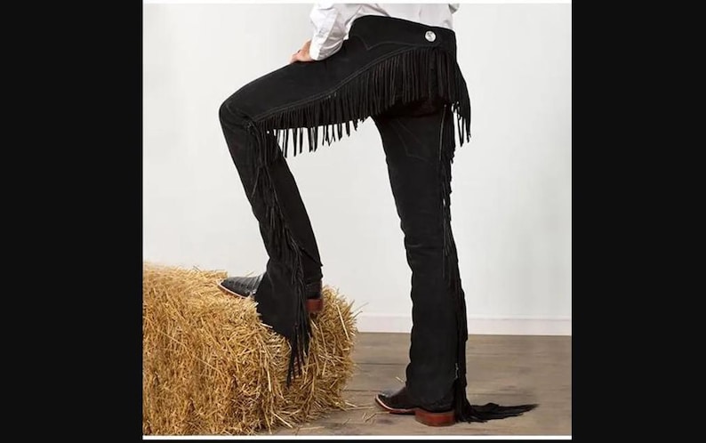 Vintage Suede Pants Trousers Western Fringe Chaps Mens Straight Black ...