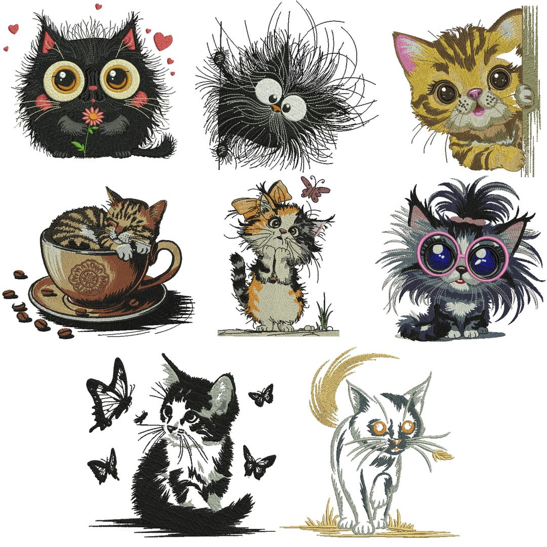Crazy Cat Embroidery Design, Cat Embroidery, Fluffy Cat Embroidery ...
