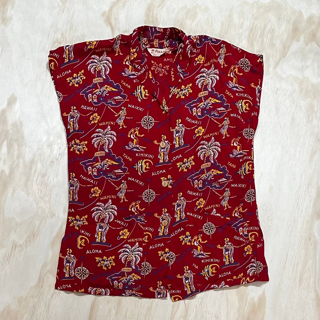 VTG 1950s Cartoon Hula Girl Tiki Island • Pikaki • Silky Rayon Hawaiian ...