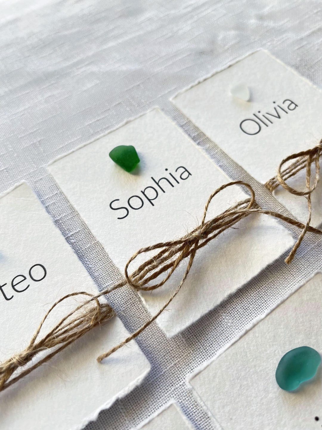 Boho Sea Glass Name Cards With Twine Bow » Beach Wedding Place Cards - Etsy